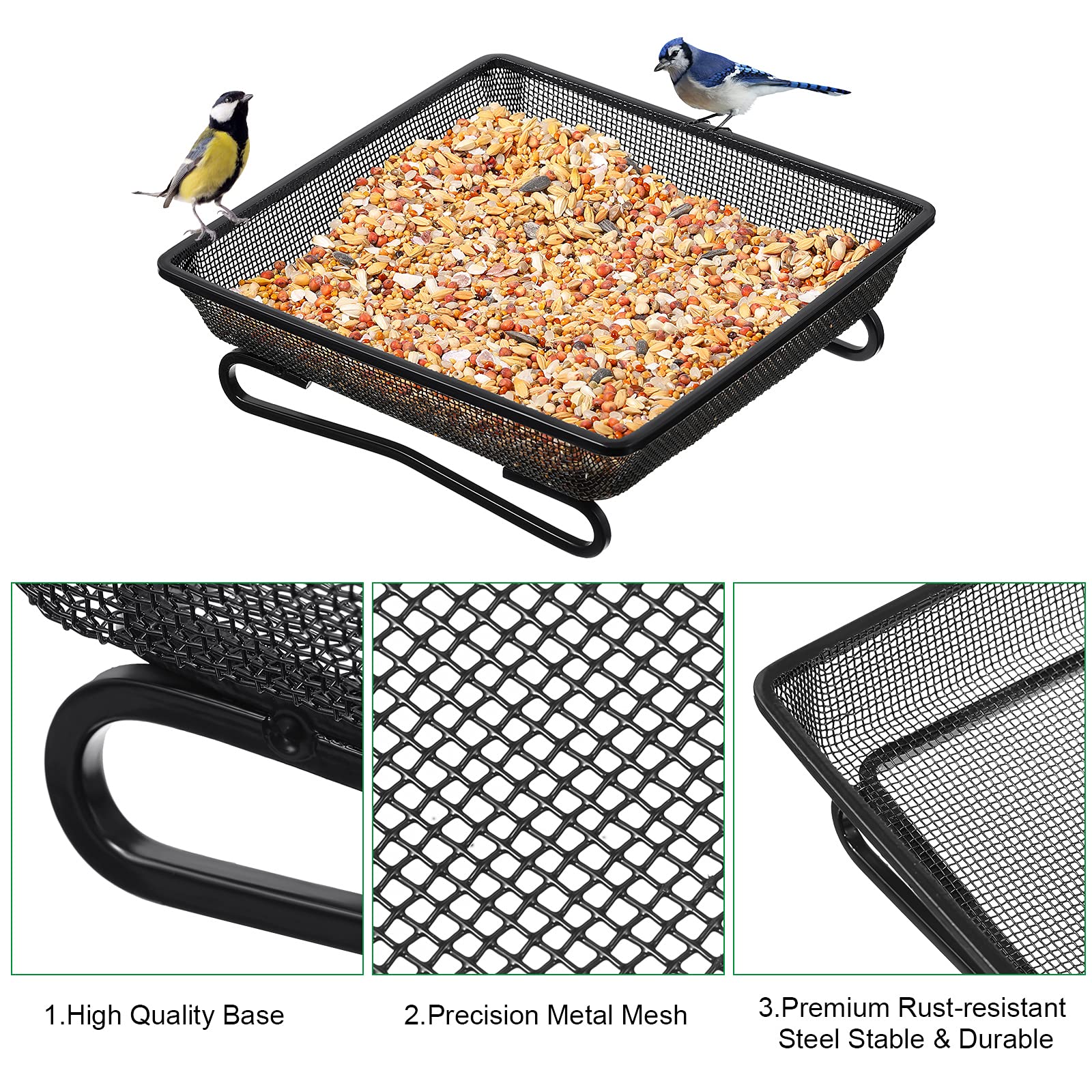 2 Pieces 7 x 7 x 2.7 Inch Metal Ground Bird Feeder Compact Platform Bird Seed Tray and 4 Pieces Elastic Rope for Outdoor Dove Birds or Squirrels Garden Decoration (Black)