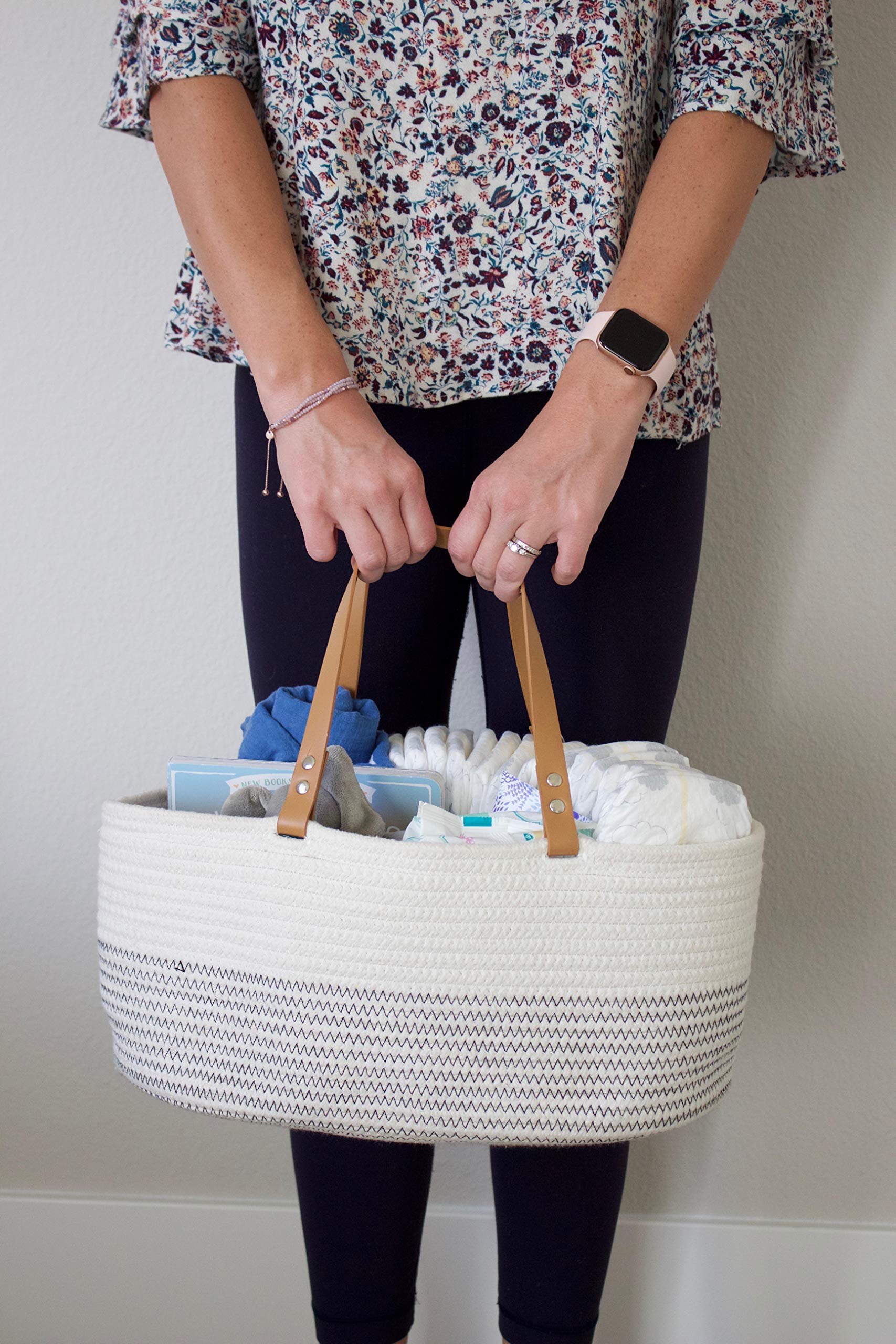 PeachyKehn Rope Baby Diaper Caddy Organizer – Trendy Nursery Storage Bin – Large Woven Cotton Tote with Removable Inserts and Eco Leather Handles – Baby Car Organizer or Shower Gift Basket
