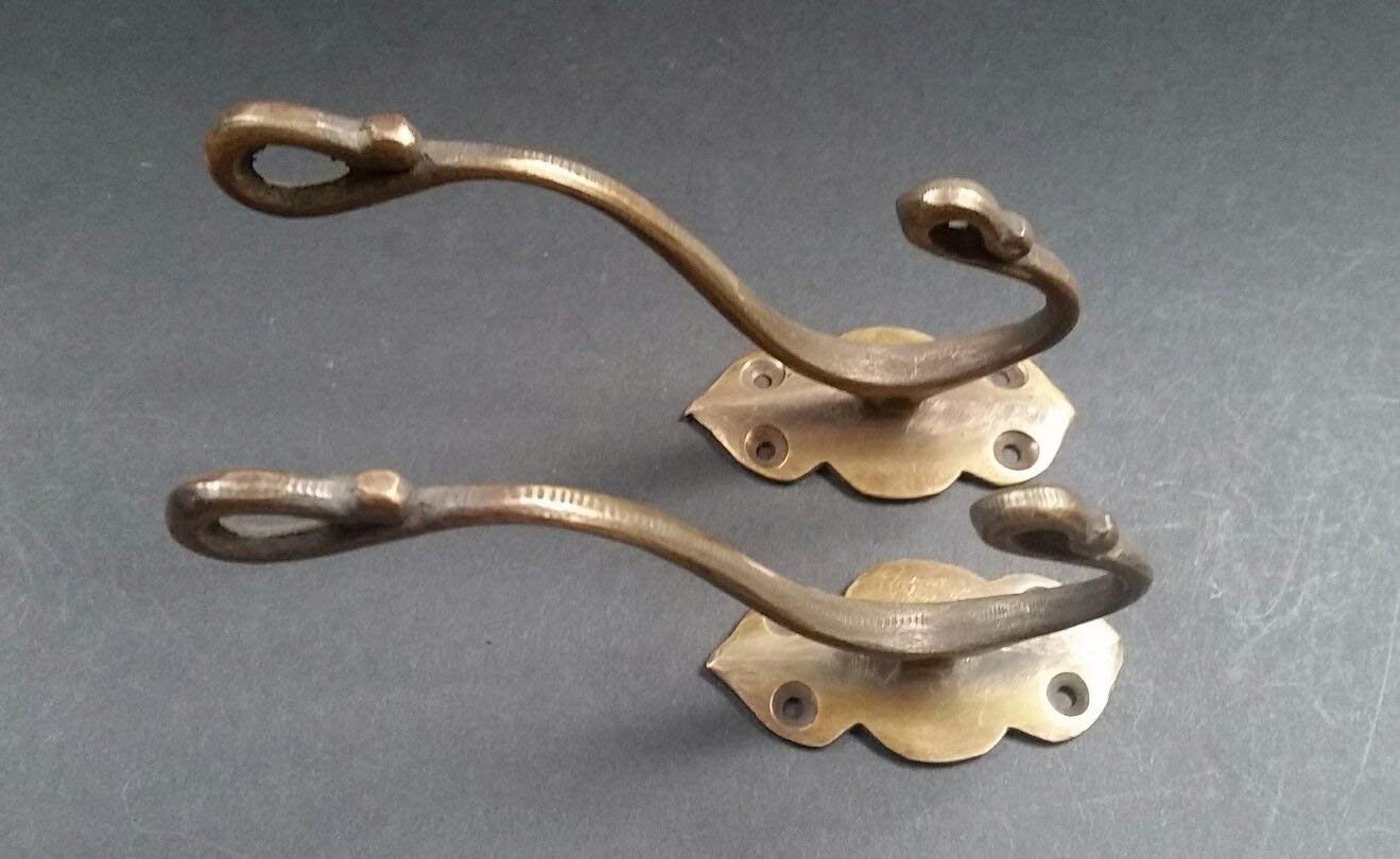 2 Large Solid Brass Vintage Antique Style Ornate Double Coat Hat Towel Hooks 6" #C11