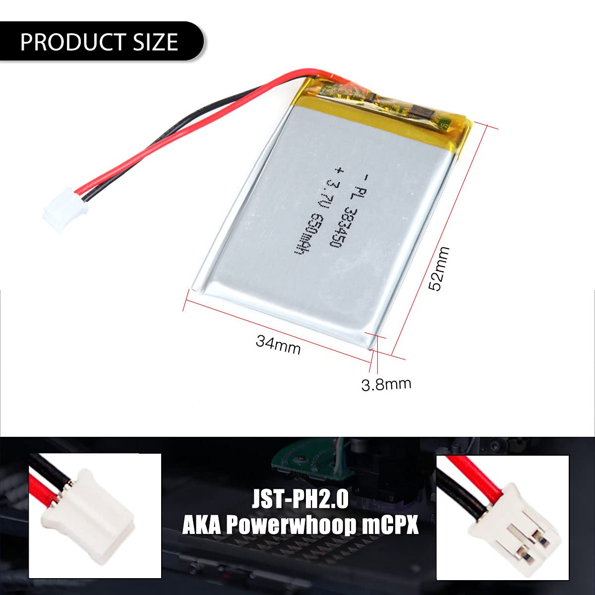 AKZYTUE 3.7V 650mAh 383450 Lipo Battery Rechargeable Lithium Polymer ion Battery Pack with JST Connector