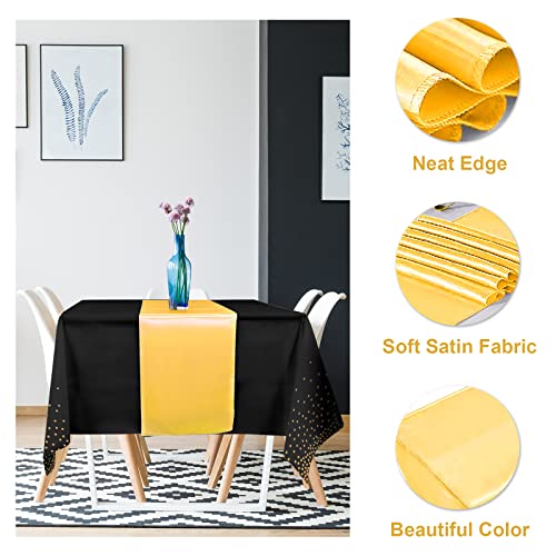 16Pack Disposable Plastic Tablecloths and Satin Table Runner Set Black Gold Dot Table Cloth Gold for Graduation Wedding Birthday Baby Shower Anniversary Holiday Party Decorations