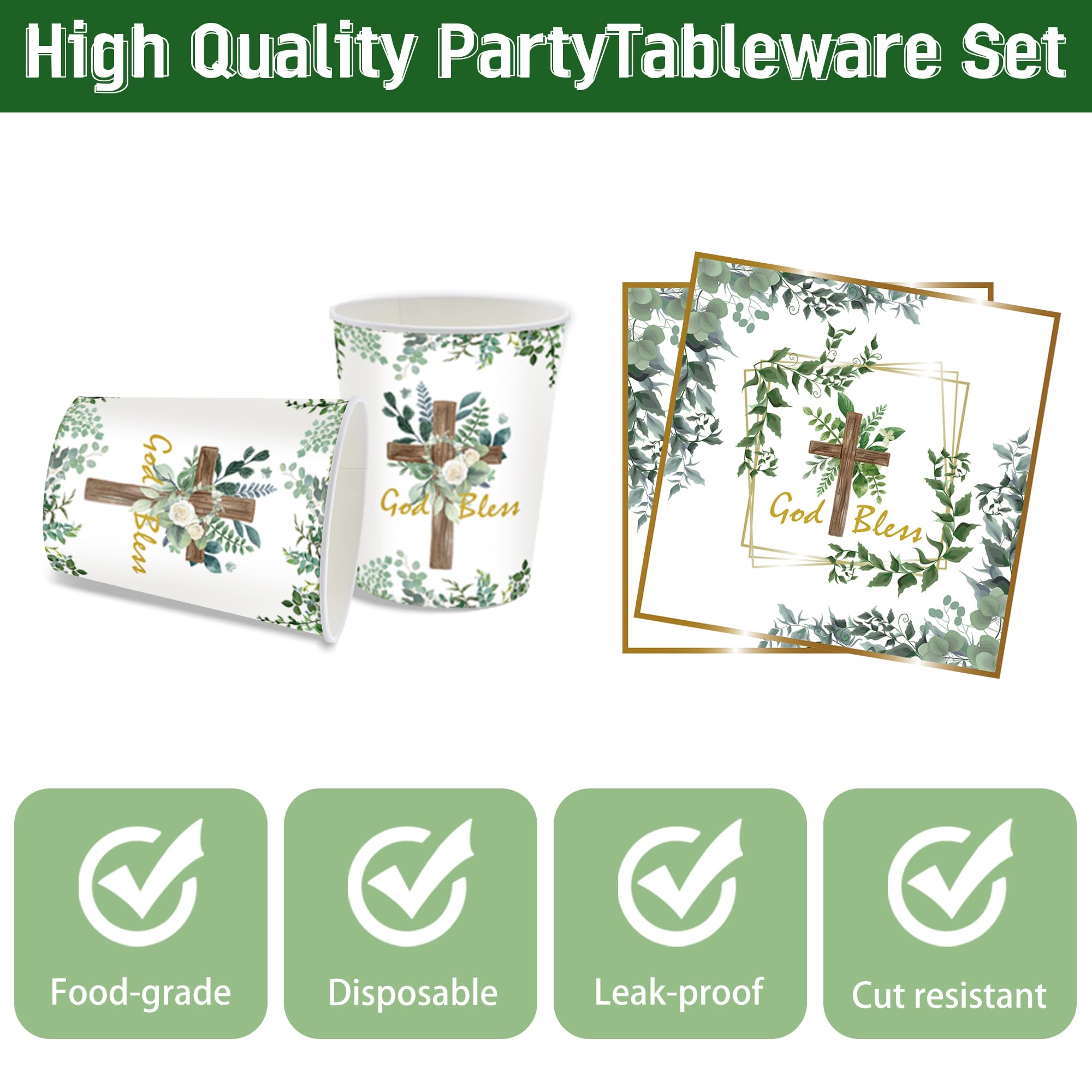168Pcs God Bless Plates and Napkins Baptism Tableware Set First Holy Communion Party Decorations Mi Bautizo Eucalyptus Leaves Sage Paper Plates Christening Celebration Baby Shower Supplies,Serve 24