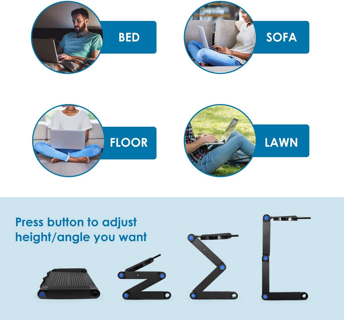 Laptop Table, Adjustable Laptop Bed Table, Laptop Computer Stand, Portable Laptop Workstation Notebook Stand Reading Holder with Large CPU Cooling Fan and Mouse Pad in Bed Couch Office Sofa