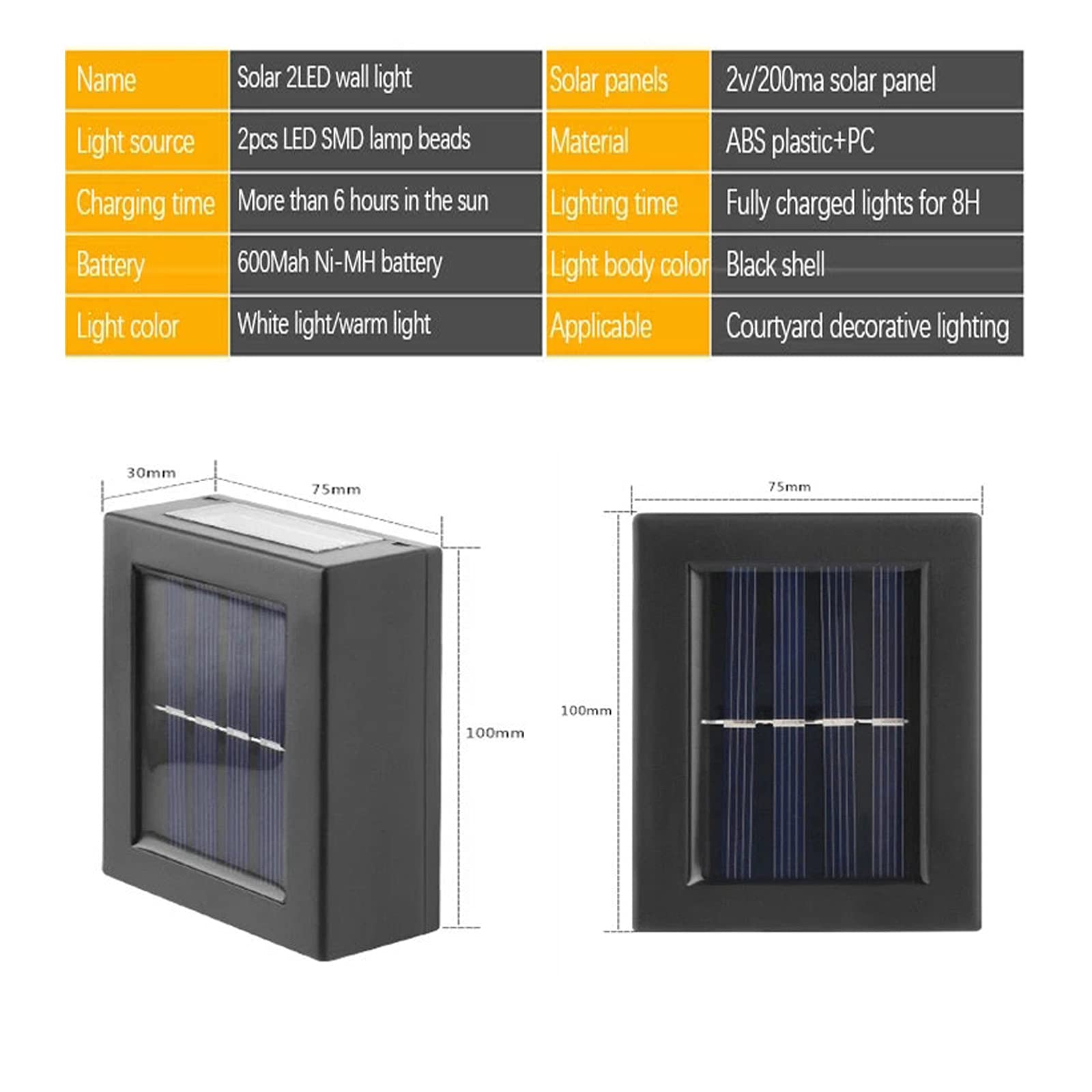 2 LED Solar Wall Light UP and Down Illuminate Outdoor Sunlight Sensor Lamp IP65 Waterproof Modern Nordic Style Decor for Home Garden Porch, Black