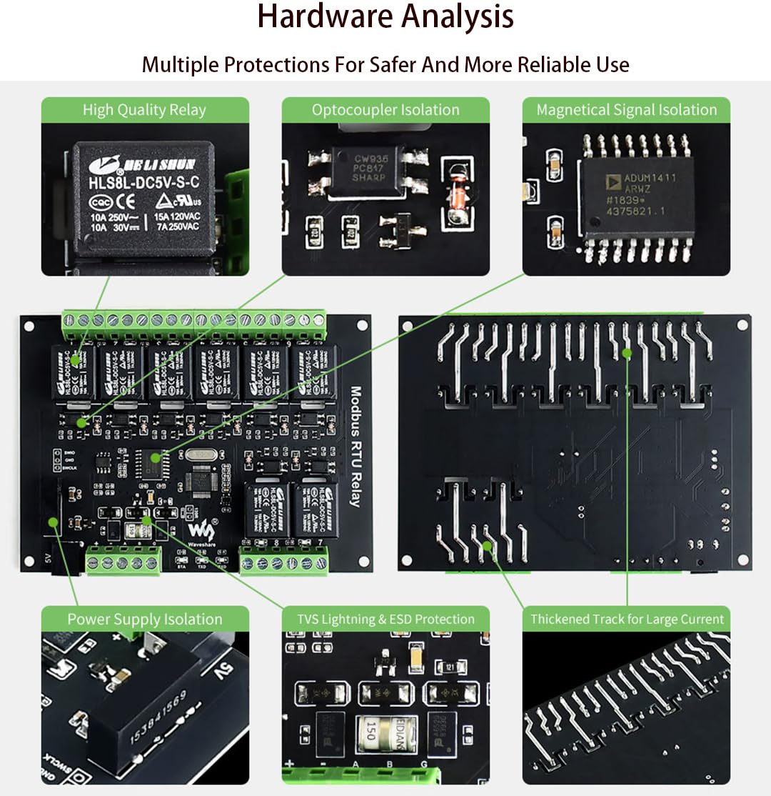 Waveshare Industrial Modbus RTU 8-Ch Relay Module with RS485 Bus, Multi Isolation Protection, 5V Voltage