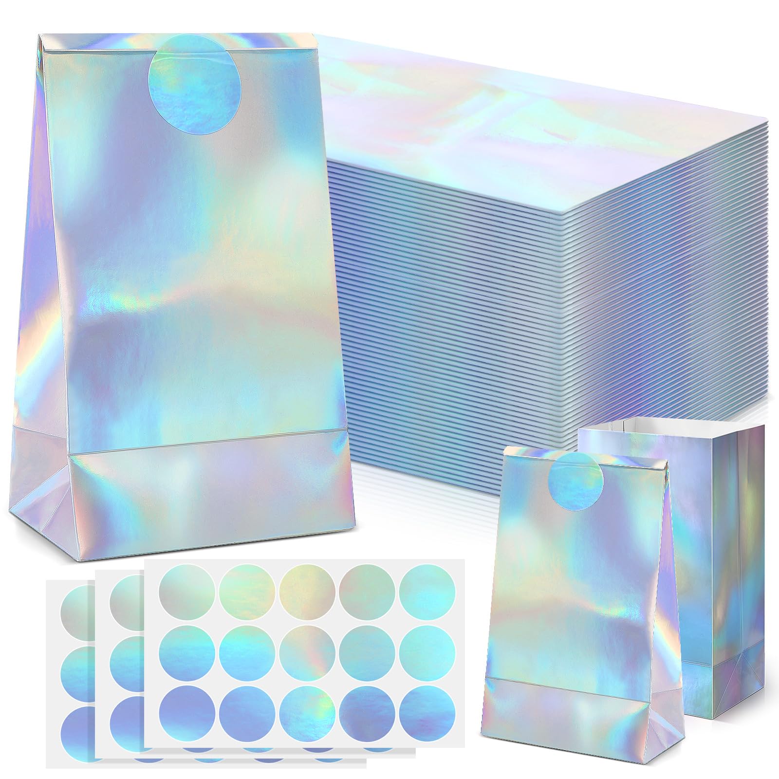 30 Pcs Iridescent Paper Gift Bag with Stickers Reusable Party Supplies Glitter Foil Holographic Paper Bag Candy Goodie Bag Gift Bags for Baby Shower Wedding Birthday Party Favors, 8.3 x 5 x 3 Inch