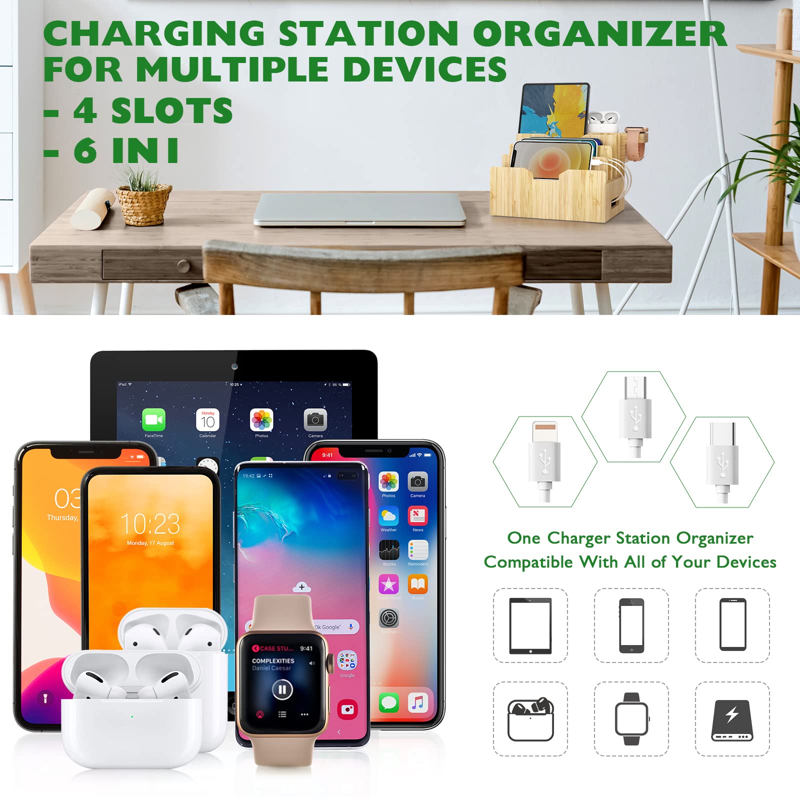 Bamboo Charging Station for Multiple Devices with Integrated Watch & Earbuds Stand, Desktop Charging Docking Station Organizer for Cell Phone, Tablet, 5 Charging Cables Included(No Power Supply)