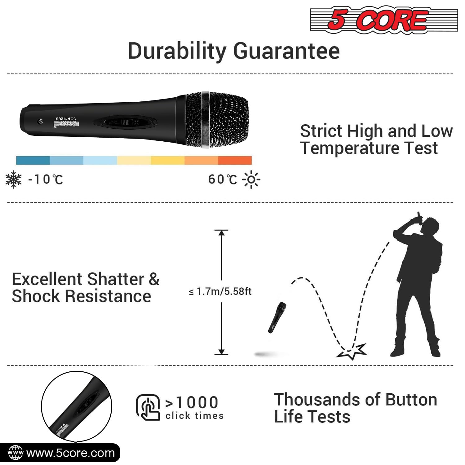 5 CORE Microphone Dynamic Vocal Handheld Mic Cardioid Unidirectional Microfono w On Off Switch + XLR Audio Cable for Singing PM-286