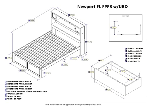 AFI Newport Full Platform Bed with Flat Panel Footboard and Turbo Charger with Urban Bed Drawers in White