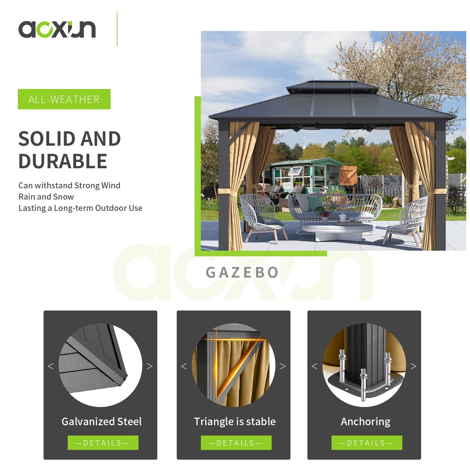 Aoxun 10'x12' Hardtop Gazebo, Outdoor Galvanized Double Roof Gazebo with Aluminum Frame Permanent Pavilion and Curtains & Netting for Backyard, Patio, Deck, Parties (Brown)