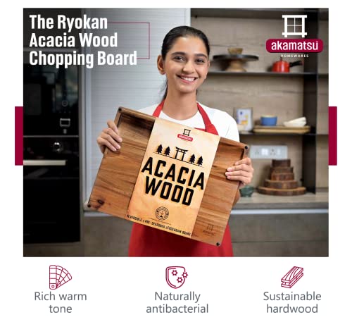 AKAMATSU HOMEWARES | RYOKAN Acacia Wood Cutting Board | Edge Grain XL Cutting Board with Deep Juice Well | 17x13.2x1" Charcuterie Board Serving Platter with Sorting Compartments | Sustainable Gift Box