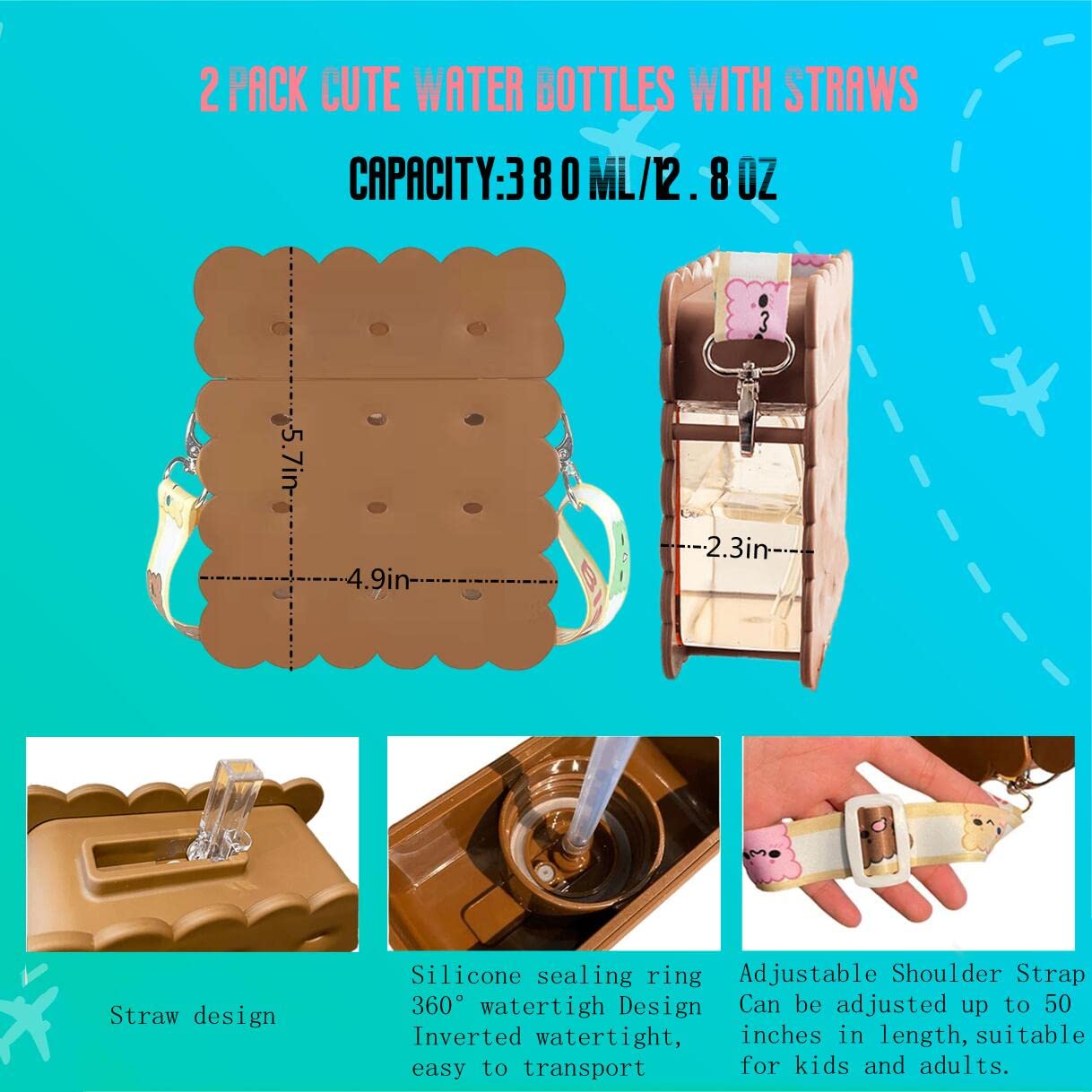 2 Pieces Cute Water Bottles with Straws, Creative Kawaii Biscuit Shaped Plastic Leakproof Juice Drinking Cup with Adjustable Shoulder Strap for School Outdoor Camping Sports (Pink,Coffee color)