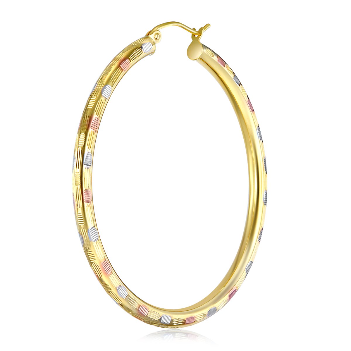 14k REAL Tri Color Gold 3mm Thickness Hinged Diamond Cut Hoop Earrings (45 x 45 mm)