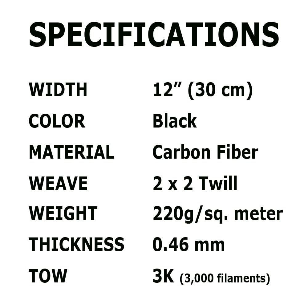 5 FT x 12" - Carbon Fiber FABRIC-2x2 Twill WEAVE-3K/220g