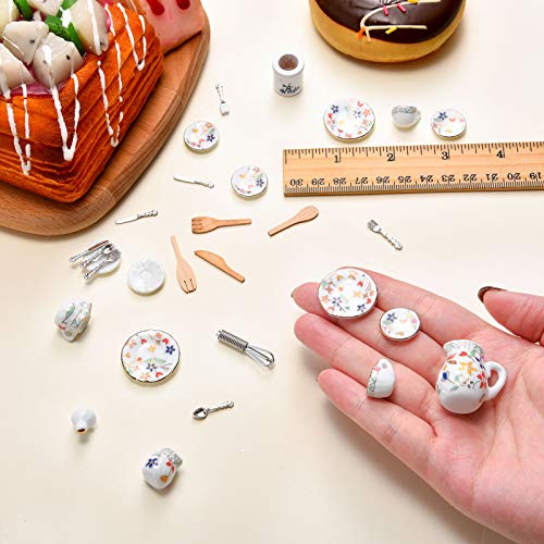 37 Pieces 1:12 Scale Miniatures Dollhouse Kitchen Accessories Include 16 Mini Doll Plates Knife Fork Spoon, 6 Mini Egg Beater Utensil, 15 Mini Tea Cup Set for Doll Toy Supplies (Flora Bloom)