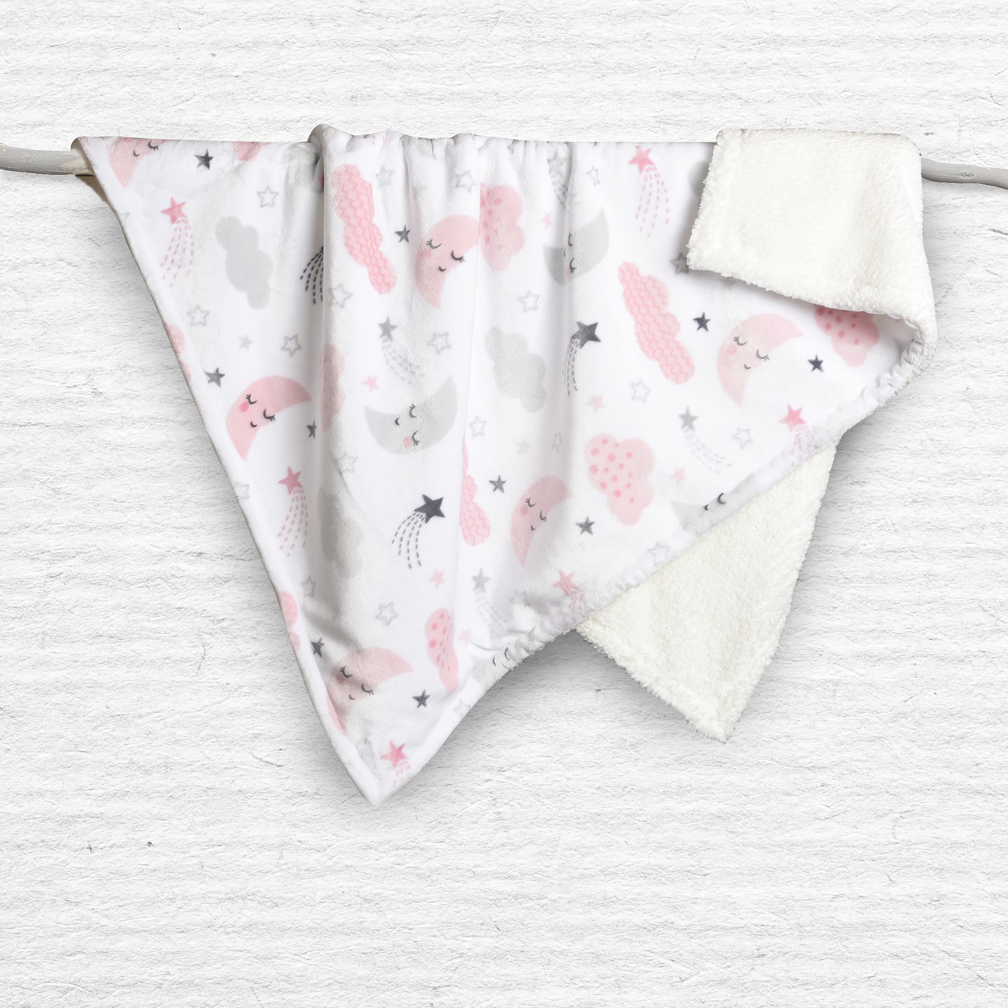Life Comfort Ultimate Sherpa Baby Blanket, Fluffy Pink and Grey Cloud and Moon Premium Blanket for Baby Girl, Soft Warm Cozy Toddler, Infant or Newborn Blanket for Crib, Stroller, Travel, Nursery