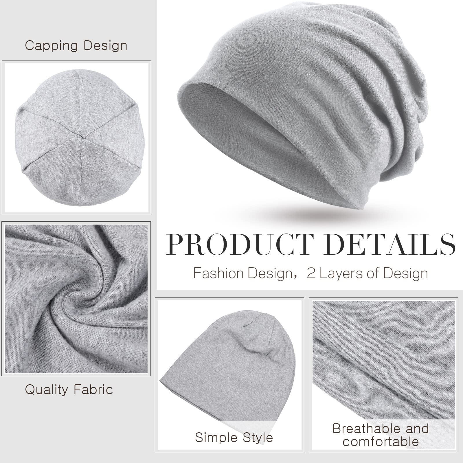 4 Pieces Slouchy Beanie Hat Sleeping Cap Baggy Skull Knit Sleeping Hat Headwear Head Wrap Cap for Men Women (Blue, Deep Gray, Black, Light Gray, Solid Color)