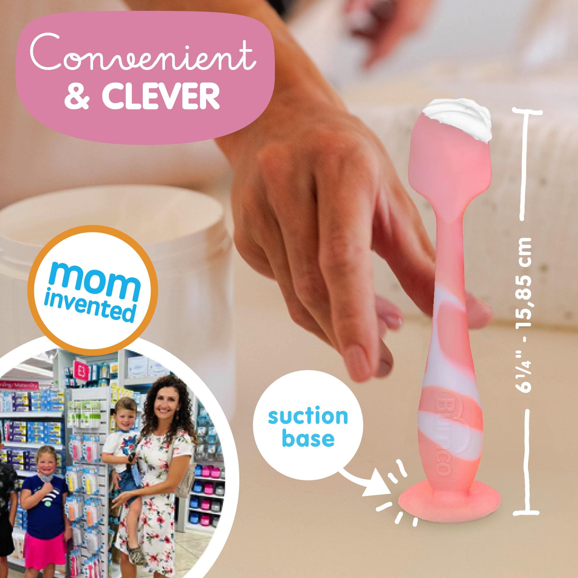 Bumco Baby Bum Brush - BPA-Free Diaper Cream Spatula with Suction Cup Base, Soft & Flexible Silicone, Wipe-Clean, Mom-Invented Diaper Bag Essentials (Light Pink Swirl)