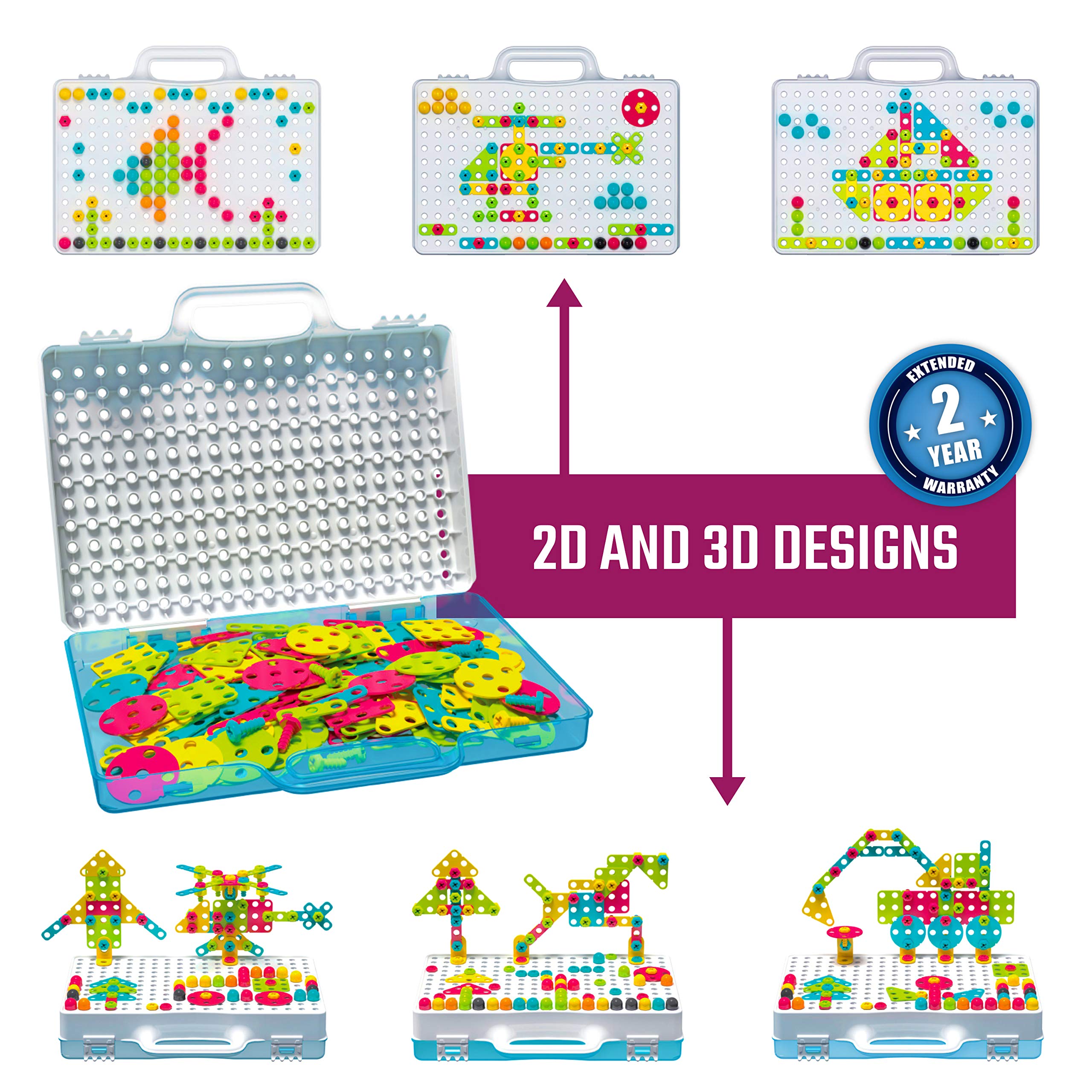 249 PCS STEM Learning Toys – Electric Drill DIY Educational Set, Creative Engineering with Various Shapes and 5 Toy Tools – 2&3D Mosaic Construction Kit for Toddlers, Boys and Girl Ages 3 4 5 6 7 8 9