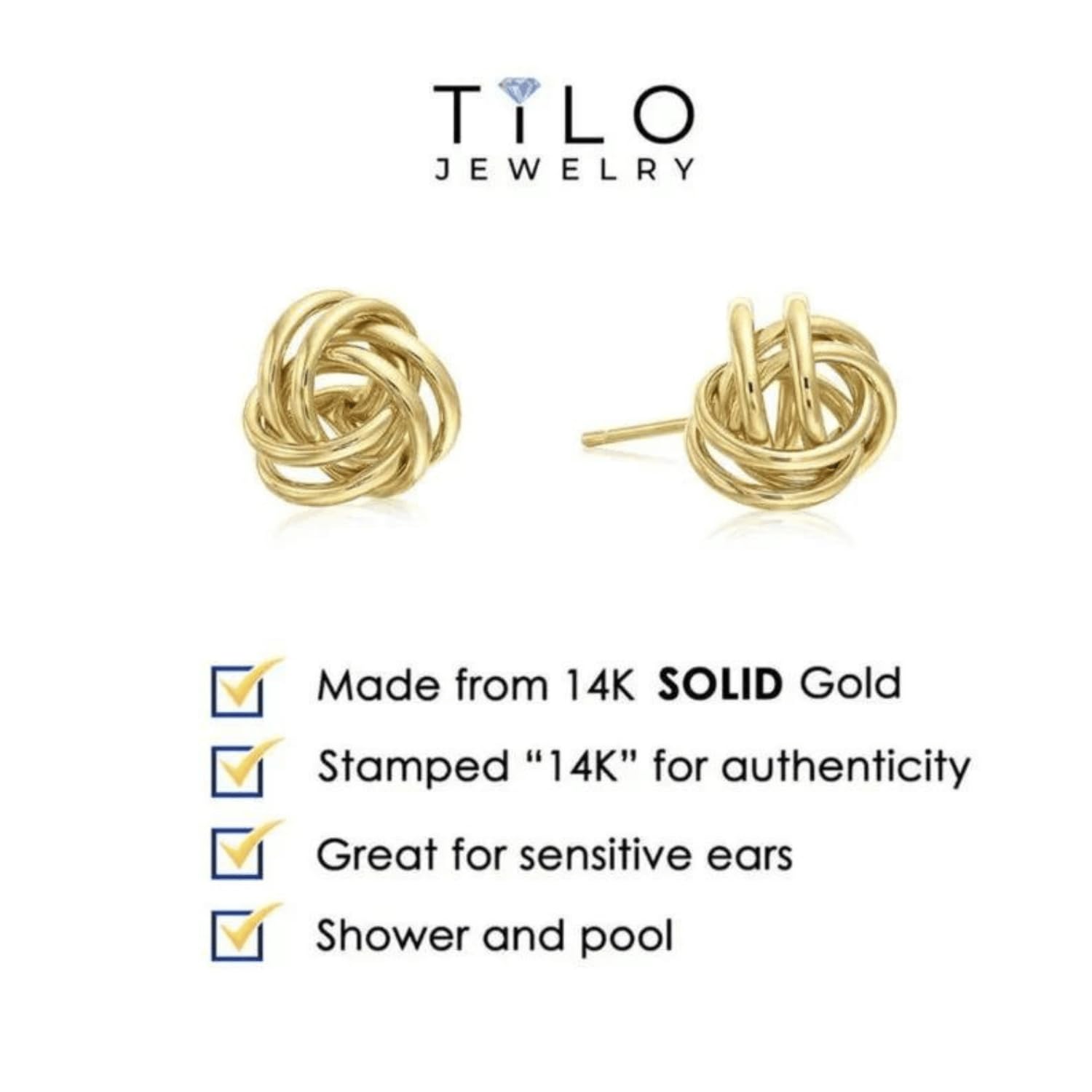 14k Gold Diamond-Cut Love Knot 9mm Stud Earrings- Push back, Yellow Gold…