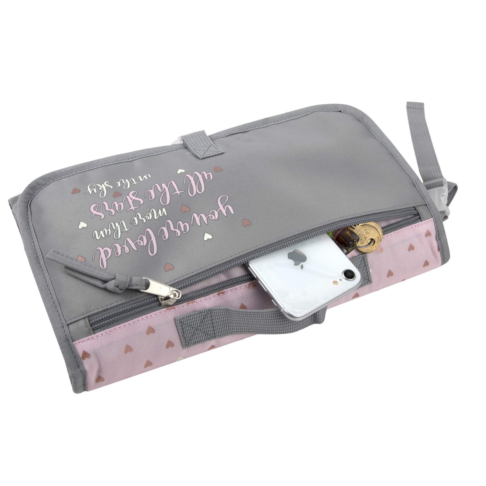 Baby Diaper Bag Tote 5 Piece Set with Pink Hearts, Saying, and Baby Portable Changing Pad, Diaper Bag, Travel Mat Station Gift Set