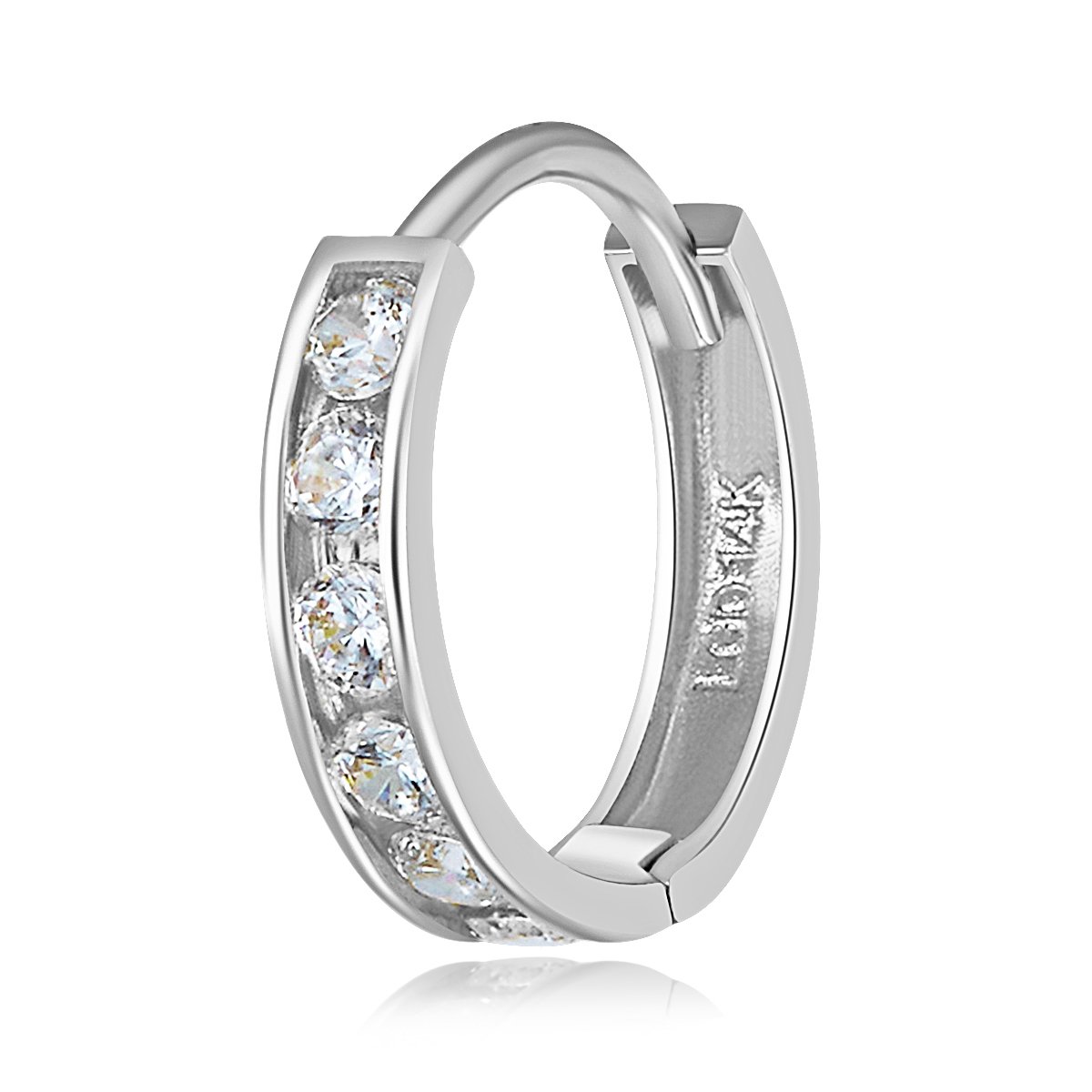 14k REAL White Gold 2mm Thickness CZ Channel Set Hoop Huggie Earrings (11 x 11 mm)