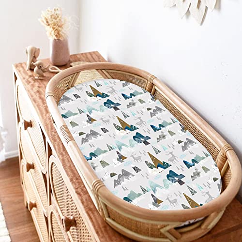 Baby Bassinet Sheet for Boys and Girls, Cradle Mattress Sheet, Polyester Baby Bedside Cover, Universal for Rectangle, Oval, Hourglass Bassinet Mattress, Soft & Breathable, 2 Pack, Mountain & Pine