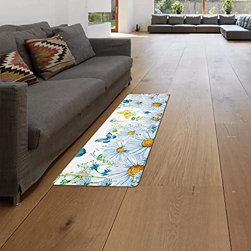 2 Pieces Kitchen Rugs Set Pastoral Butterfly Dragonfly Daisy Flower,Water Absorbent Soft Doormat Anti Fatigue Mat Blue Gradient Art,Non-Slip Rug Cushion Standing Mats for Bathroom Bedroom Entryway