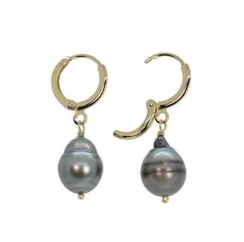 14K Gold Filled Genuine Tahitian Black Pearl Hoop Earrings for Women