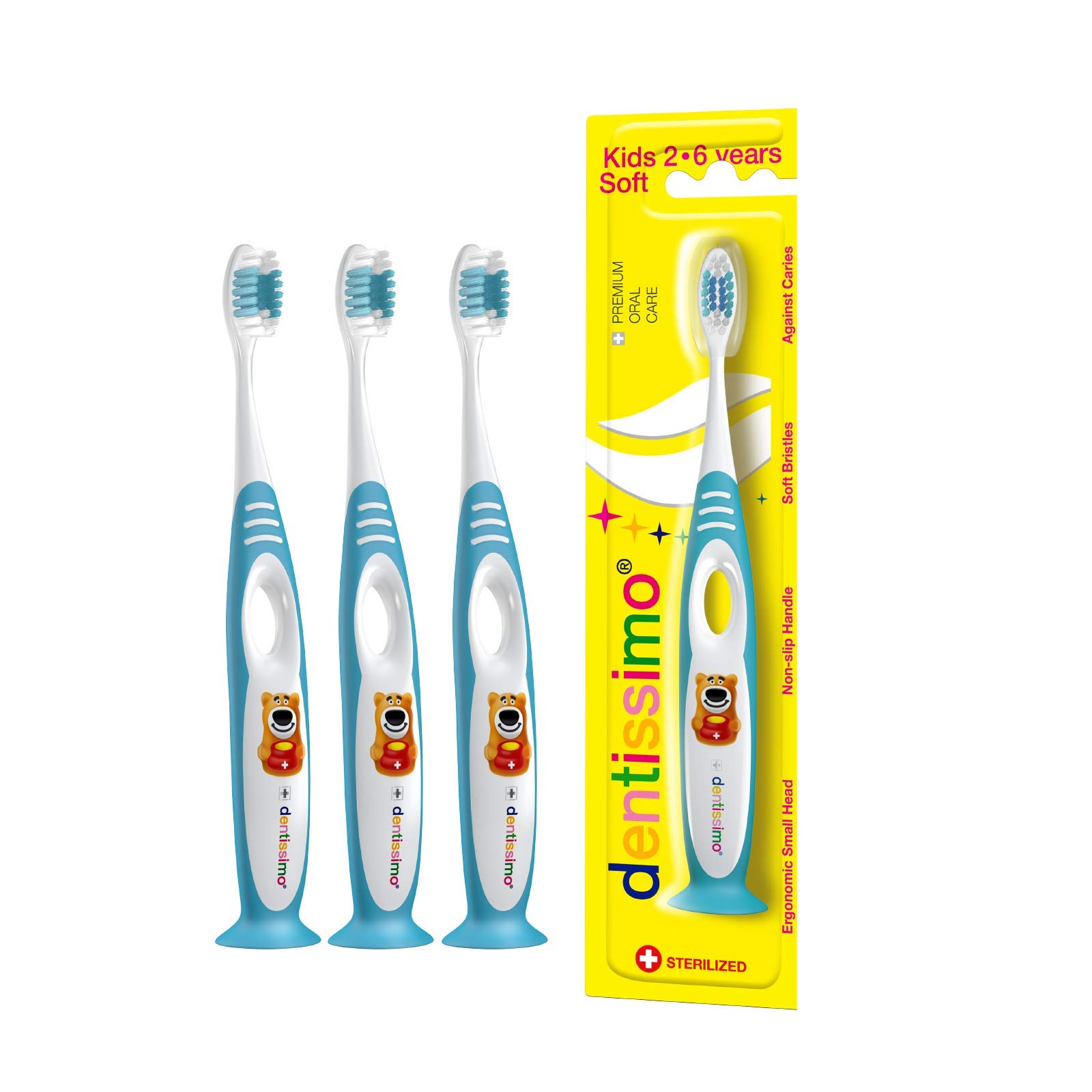 DENTISSIMO SWISS BIODENT Premium Oral Care Kids Toothbrush for Gentle Cleansing, Ages 2-6, Colors May Vary, Pack of 3