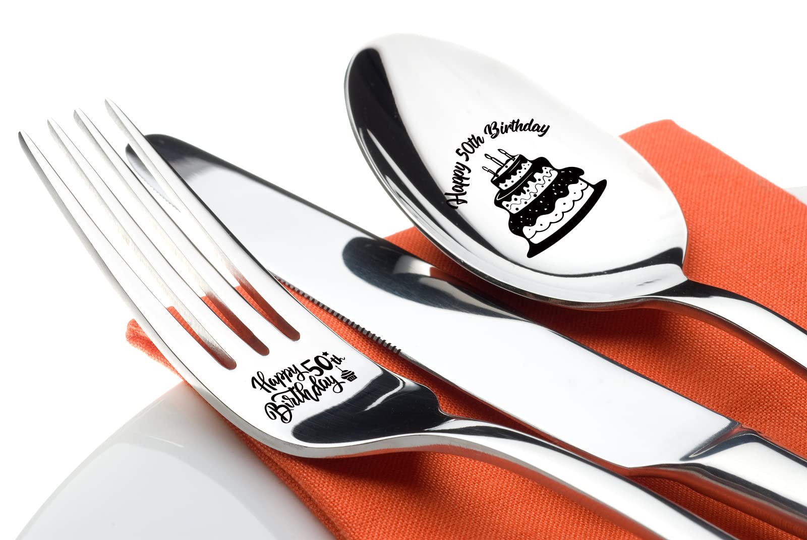 2 Pieces Happy 50th Birthday Stainless Engraved Spoon Fork Set, 50 Years Old Long Handle Dinner Spoop Fork Set Gift for Dad Mom Uncle Aunt Sister Brother Birthday Christmas