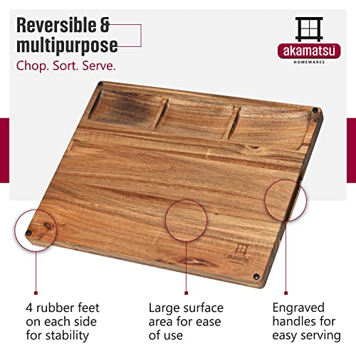 AKAMATSU HOMEWARES | RYOKAN Acacia Wood Cutting Board | Edge Grain XL Cutting Board with Deep Juice Well | 17x13.2x1" Charcuterie Board Serving Platter with Sorting Compartments | Sustainable Gift Box