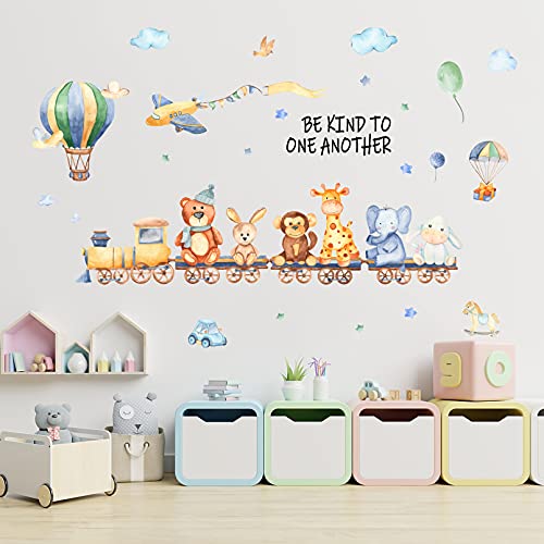 Yovkky Baby Train Animals Elephant Giraffe Monkey Wall Decals, Peel Stick Hot Air Balloon Aircraft Rabbit Bear Stickers Nursery Decor, Home Kids Room Decoration Boy Girl Bedroom Playroom Art Gifts