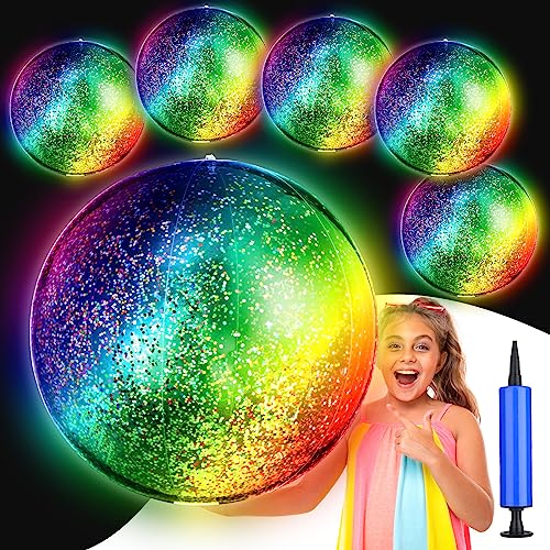 6 Pcs 24 Inches Jumbo LED Inflatable Beach Balls Lighted Beach Balls Glow in the Dark Beach Balls Water Inflatable Ball Glitter Ball Outdoor Summer Pool Party Decor for Adults Swimming (Colorful)