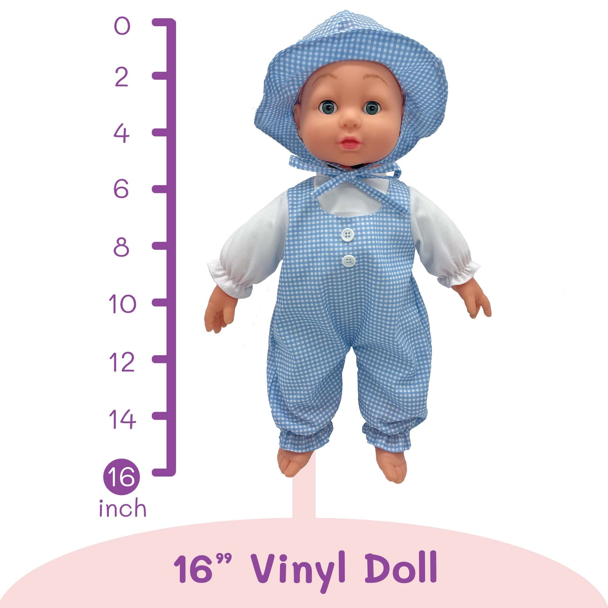 16 inch Realistic Baby Doll with Plush Body, Soft Vinyl Head & Extremities, Gingham Print Summer Outfit Bonnet Hat, Blinking Open & Close Eyes – Boxed 16” Kid’s Doll Gift for Toddler Girl, Boy (Pink)