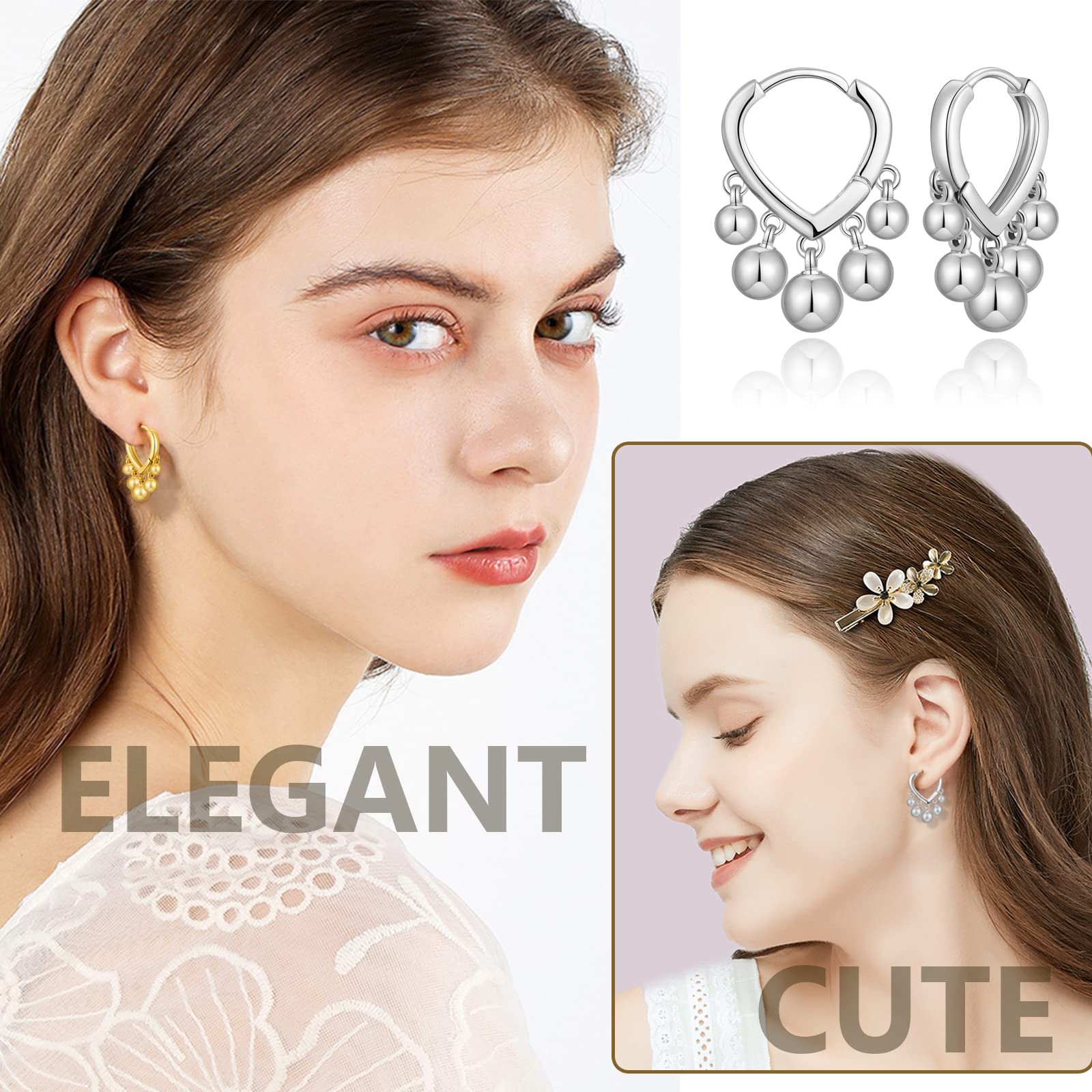 14K Gold Plated Earrings for Women Dainty Beaded Statement Earrings Sterling Silver Cute Dangle Earrings for Girls (1-silver)