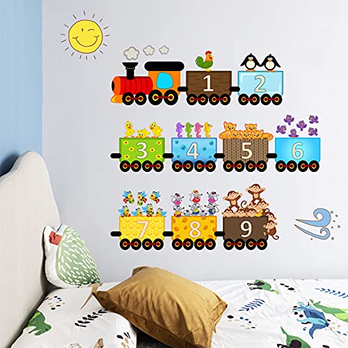 Colorful 9 Number Wall Decals, Creative Figures Sitting in The Train Wall Stickers, Interesting Early Education Digitals Wallpaper, Removable DIY Art Mural for Kids Bedroom, Nursery, Classroom