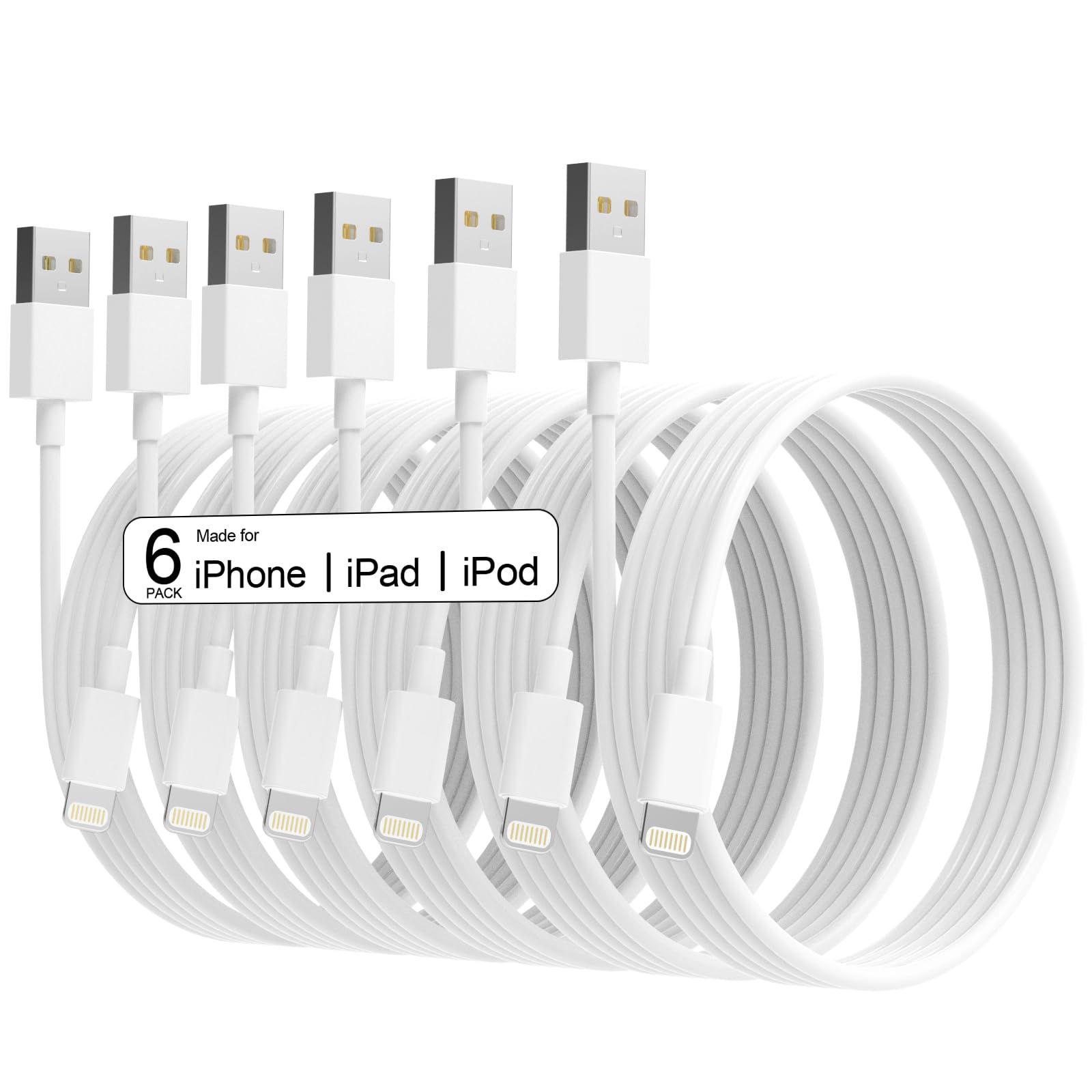 5 Pack(3/3/6/6/10FT [Apple MFi Certified] iPhone Charger,) Lightning Cable Fast Charging Data Sync Transfer Cord Compatible iPhone 13/12/11 Pro Max/Mini/XS MAX/XR/XS/X/8/7/Plus/6 iPad AirPods-White