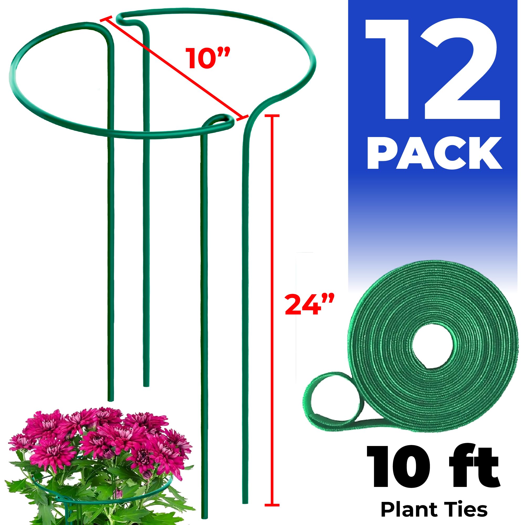 12 Pack Tall Snake Plant Support Stakes β 10" W x 24" H Half Round Peony Cages and Supports for Indoor and Outdoor Plants β Plant Cage Ring Support for Flower - Peony, Tomato, Hydrangea, Rose Bush