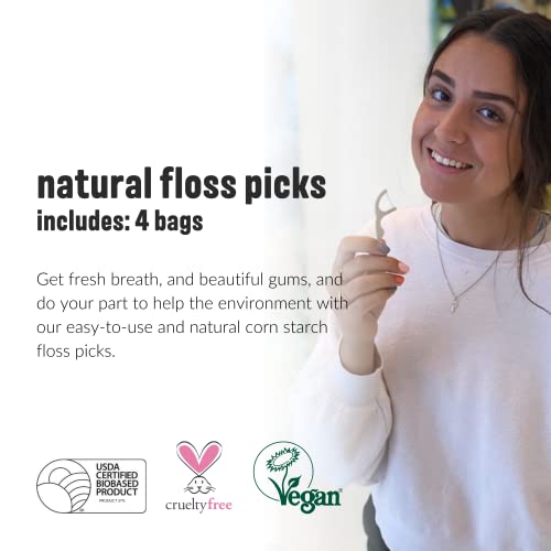 Natural Dental Floss Picks (200) - Vegan, Sustainable, Reusable Floss Sticks for Adults and Kids with Dental Pick - Plaque Remover for Teeth Cleaning - Tooth Picks Flossers - Eco Friendly Floss Picks