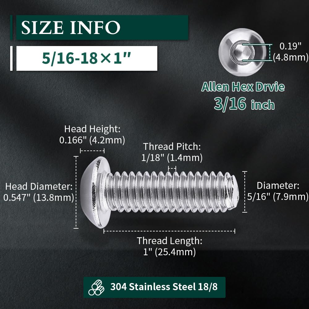 5/16-18 x 1" Button Head Socket Cap Bolts Screws, 304 Stainless Steel 18-8, Full Thread, Coarse Thread, Allen Hex Drive, 20 PCS