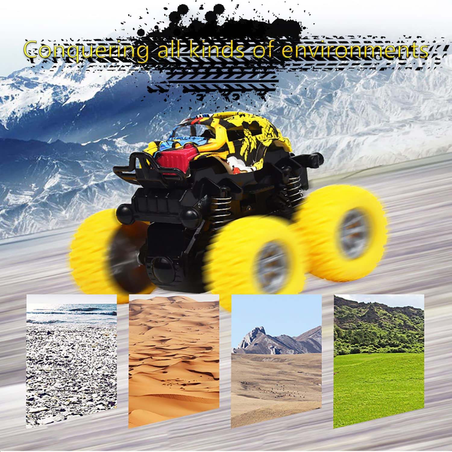 4-Pack Friction-Powered Monster Trucks with 360-Degree Rotation, Durable Toys for Boys and Girls Ages 3-12