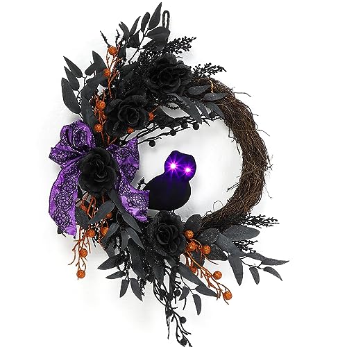 22 Inch Halloween Wreaths for Front Door, Halloween Owl Wreath with Lighted Eyes, Prelit Black Halloween Wreath with Artificial Roses Willow Leaves Ribbon for Halloween Indoor Outdoor Home Decor