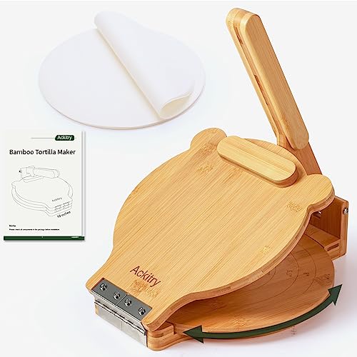 Ackitry Rotatable Tortilla Press 10 Inch, Bamboo Tortilla Press Maker with 100 PCS Parchment Paper for Homemade Mexican Tortillera, Roti, Chapati, Taco, Pataconera, Burritos and Dough Press