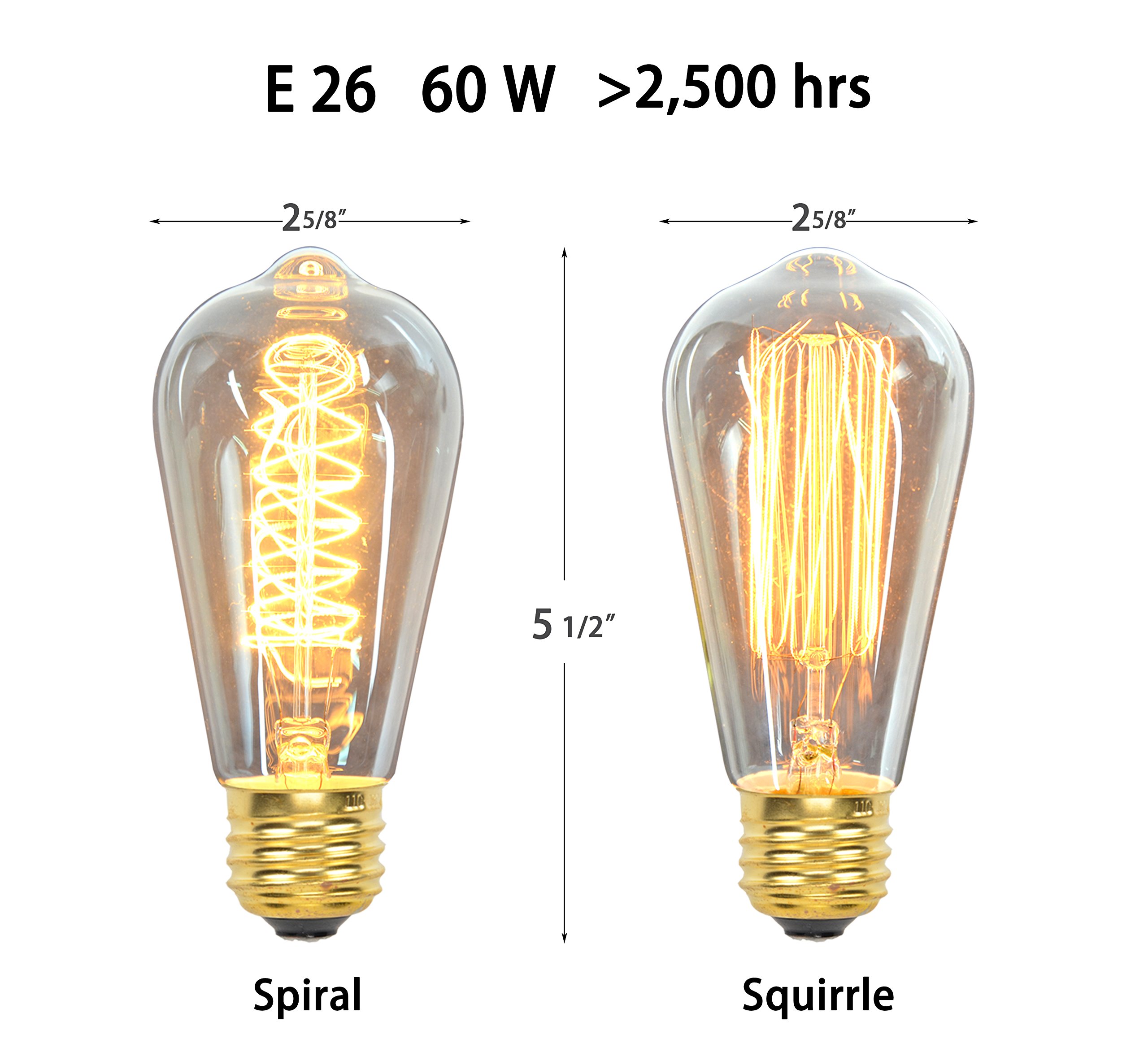 12 Pack Vintage Edison Light Bulbs, 7 Squirrel Cage Filament Bulbs , 5 Spiral Filament Bulbs, 60W, ST64, E26, Dimmable,Clear Glass, Industrial Vintage Bulbs