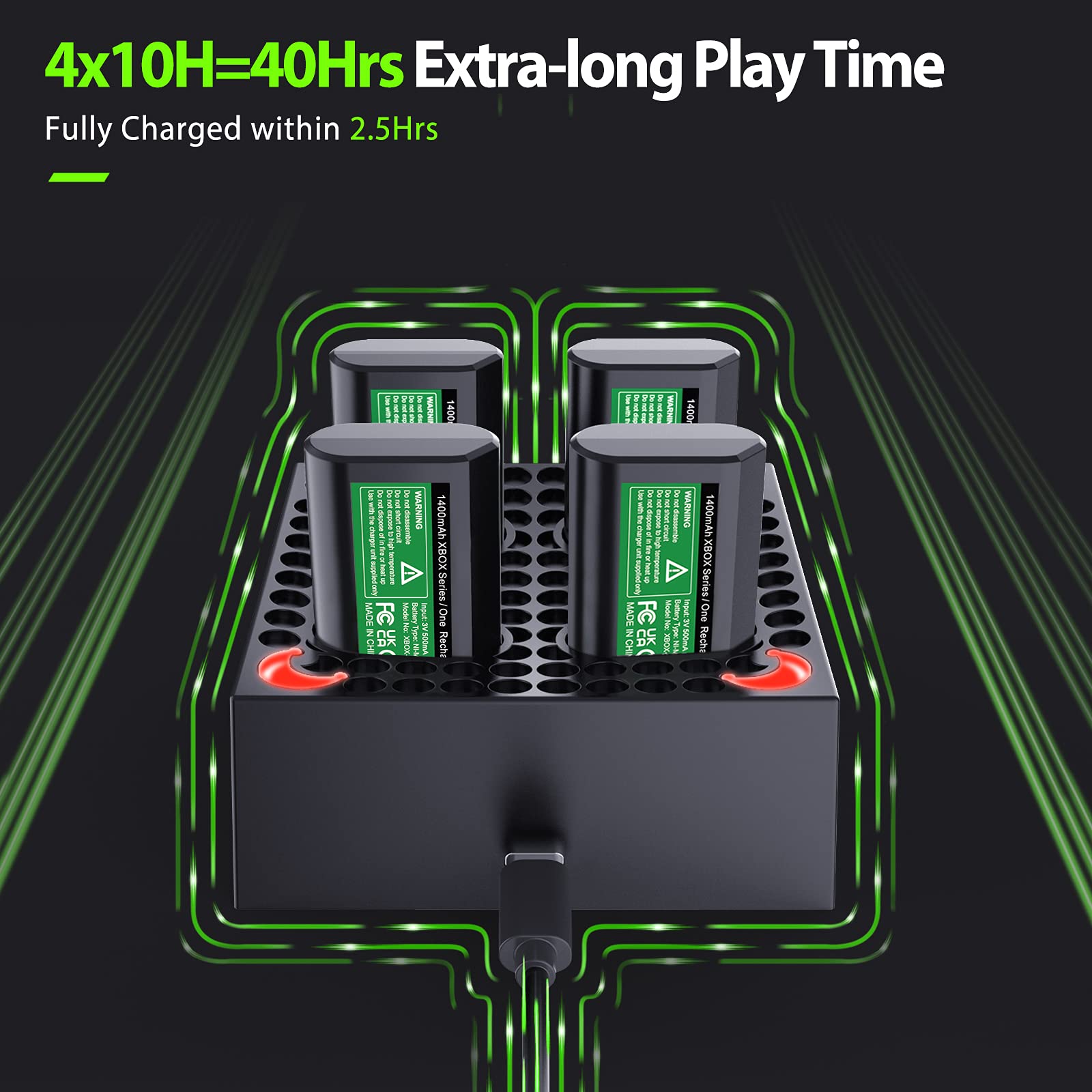 4x1400mAh Rechargeable Battery Pack with Charging Station & USB C Cable, 2 Pack 10FT Xbox Series X S Controller Charger Charging Cable for Xbox Series X S