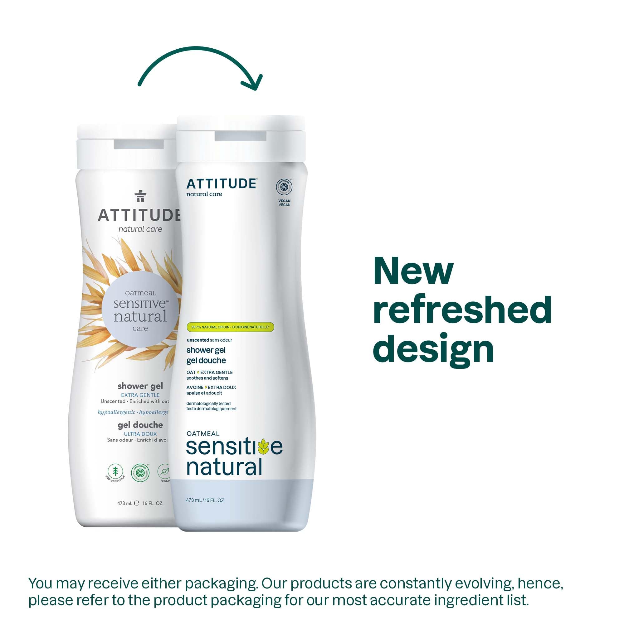ATTITUDE Body Wash for Sensitive Skin with Oat, EWG Verified, Dermatologically Tested, Vegan, Extra Gentle, Unscented, 16 Fl Oz