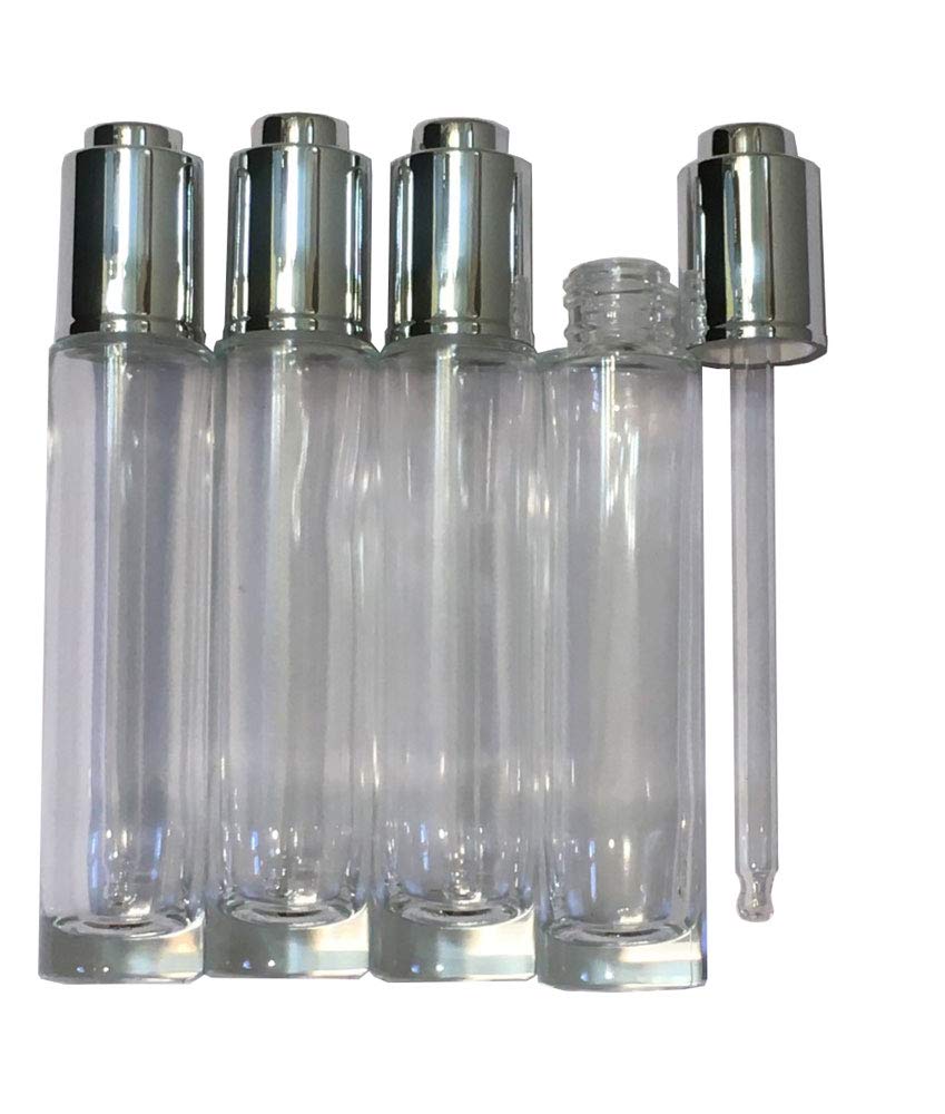 4-Pack of 8 Dram /1 oz /30 mL Tall Clear Glass Metal Silver Cap Press Top Dropper Bottle for Tincture, Serum, Essential Oils & Cosmetics