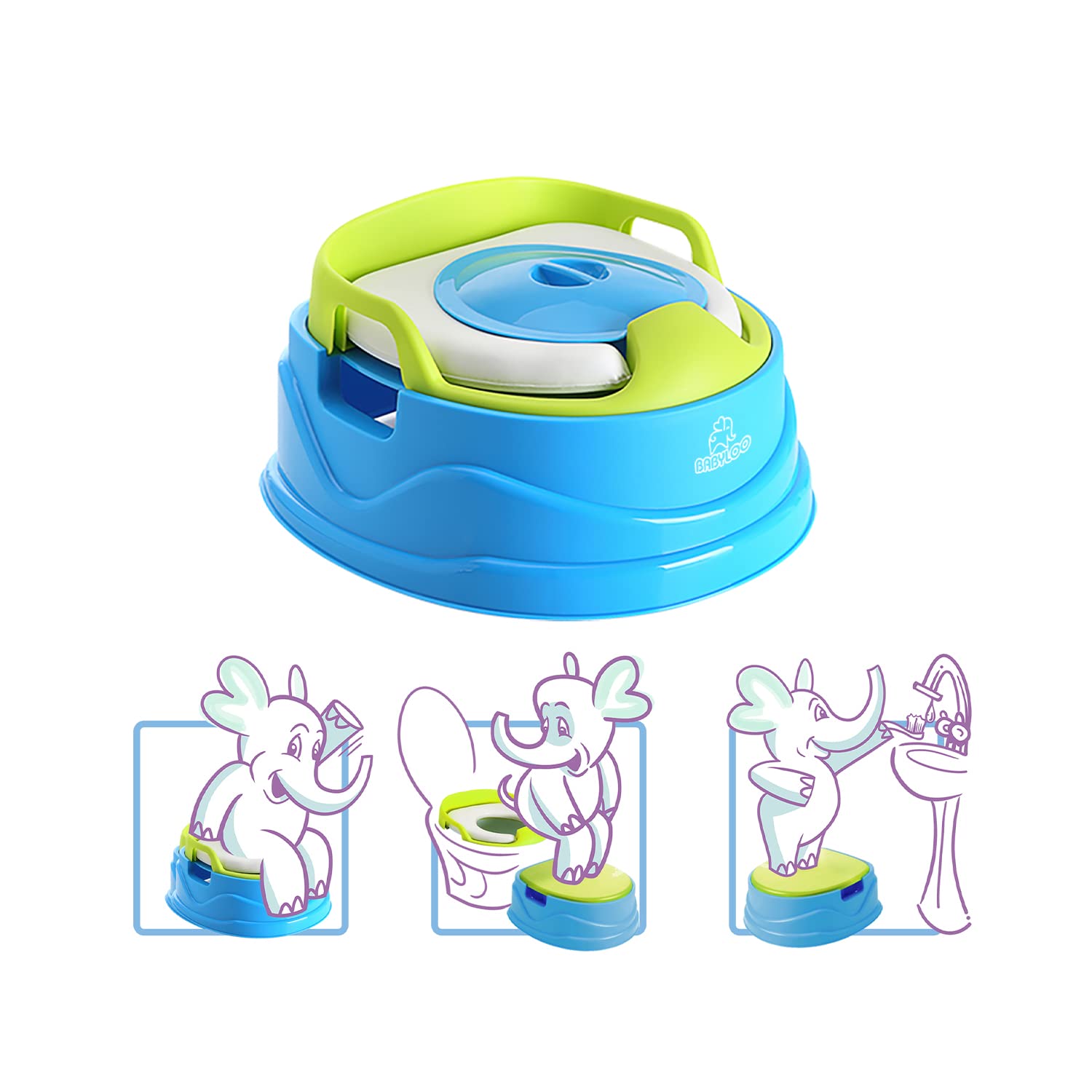 Babyloo 3 In 1 Bambino Booster Potty Training System with Free Standing Potty, Step Stool, and Toilet Mount for 1 to 6 Year Olds, Blue and Green