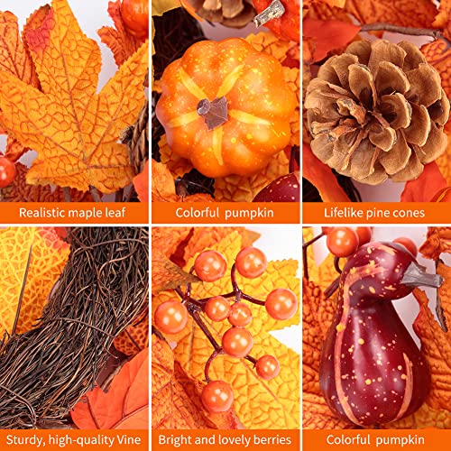 22β Fall Wreath for Front Door, Autumn Wreath with Pine Cones Pumpkin Maple Leaf, Thanksgiving Fall Wreath for Home, Wall, Porch, Windows, Suitable for Outside/Indoor, Holiday, Party, Weddings